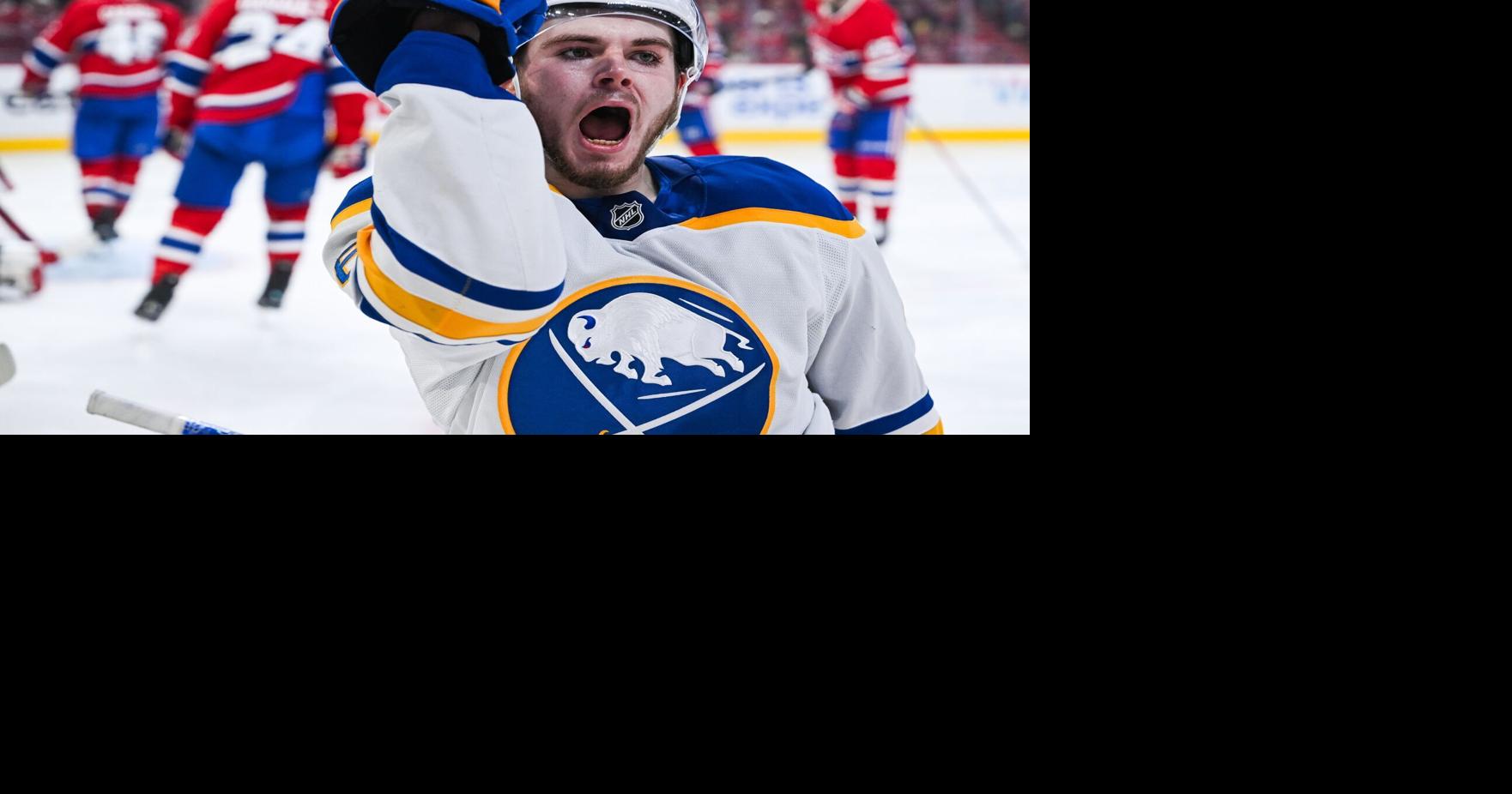Buffalo Sabres left wing Zach Benson reacts after scoring a goal ...