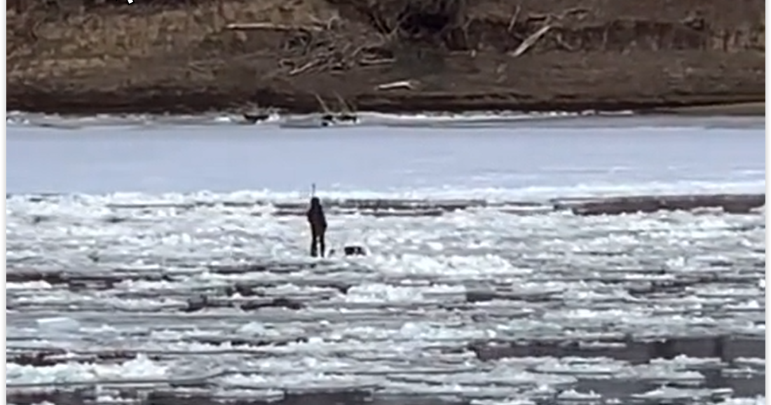 TikToc video of man ice surfing in Missouri River