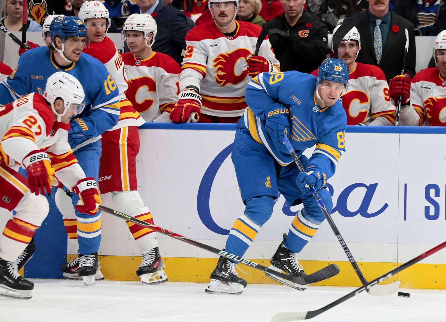 Blues ride depth scoring to 3-2 win over Flames