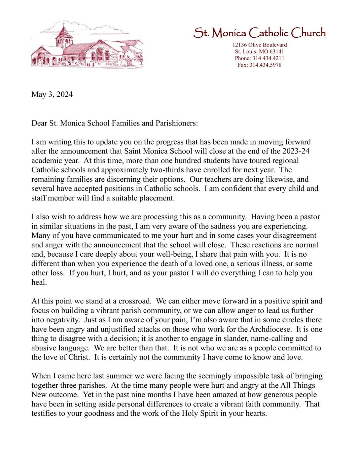 Letter to St. Monica parish