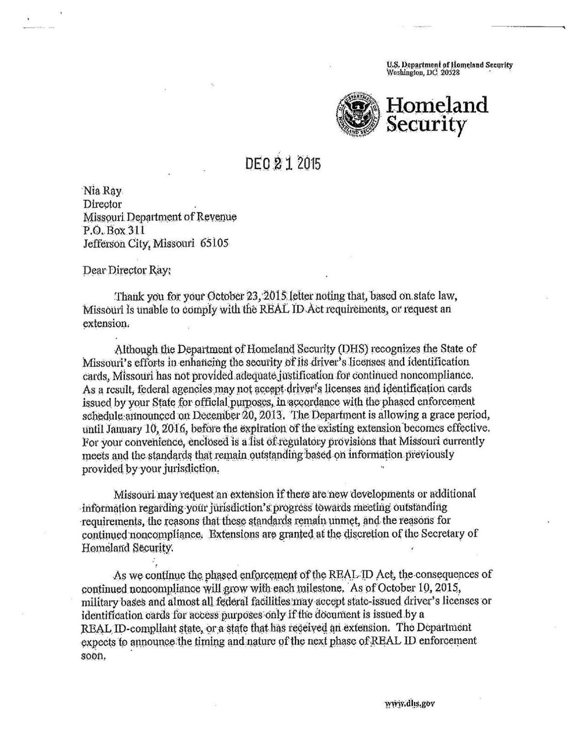 Letter from U.S. Department of Homeland Security to Missouri department Letter from U.S. Department of Homeland Security to Missouri department