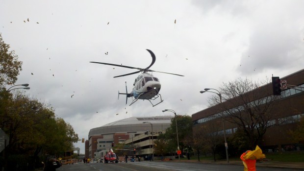 Helicopters turn downtown St. Louis street into launch pad