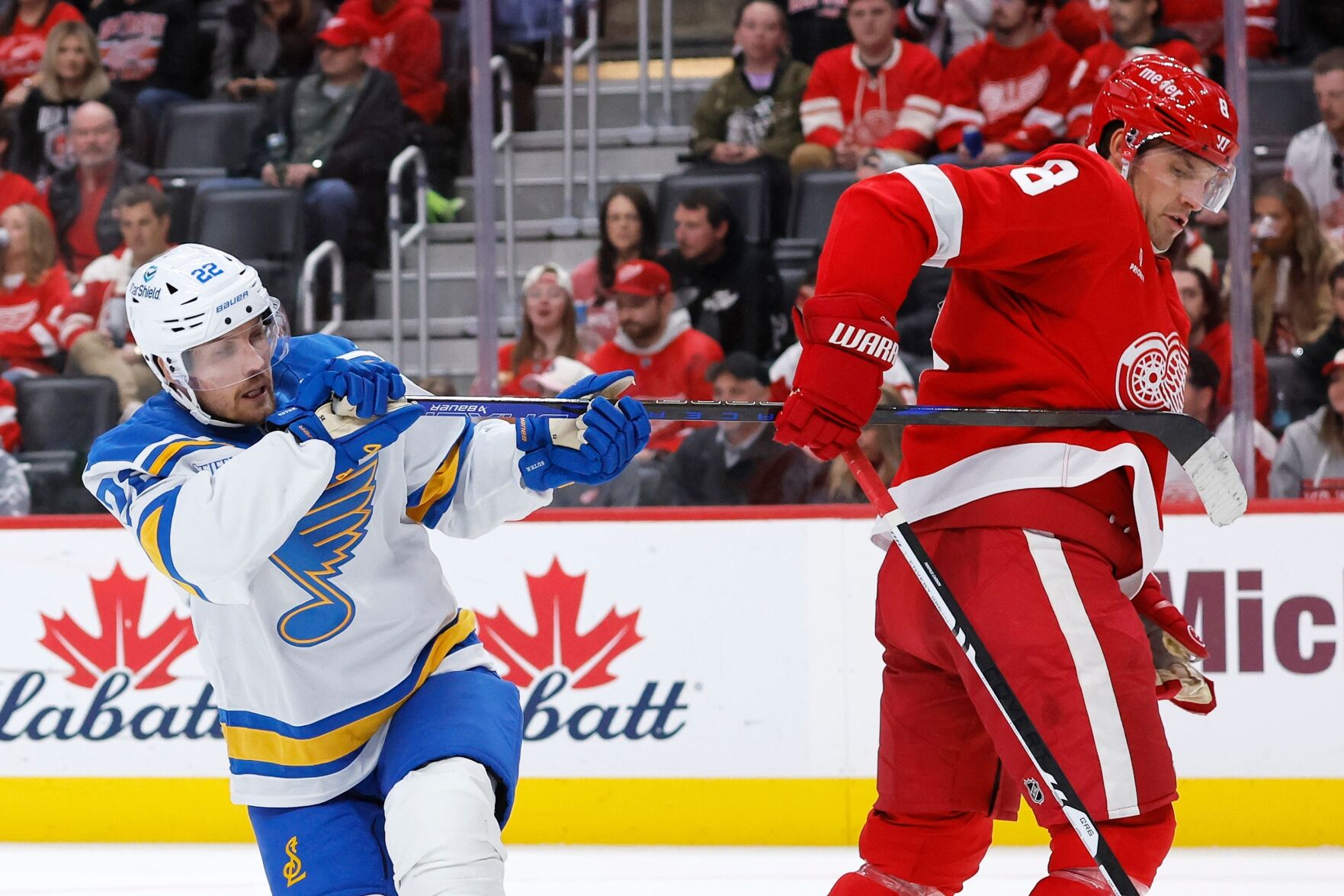 Blues surrender four-goal lead in 6-4 loss to Red Wings