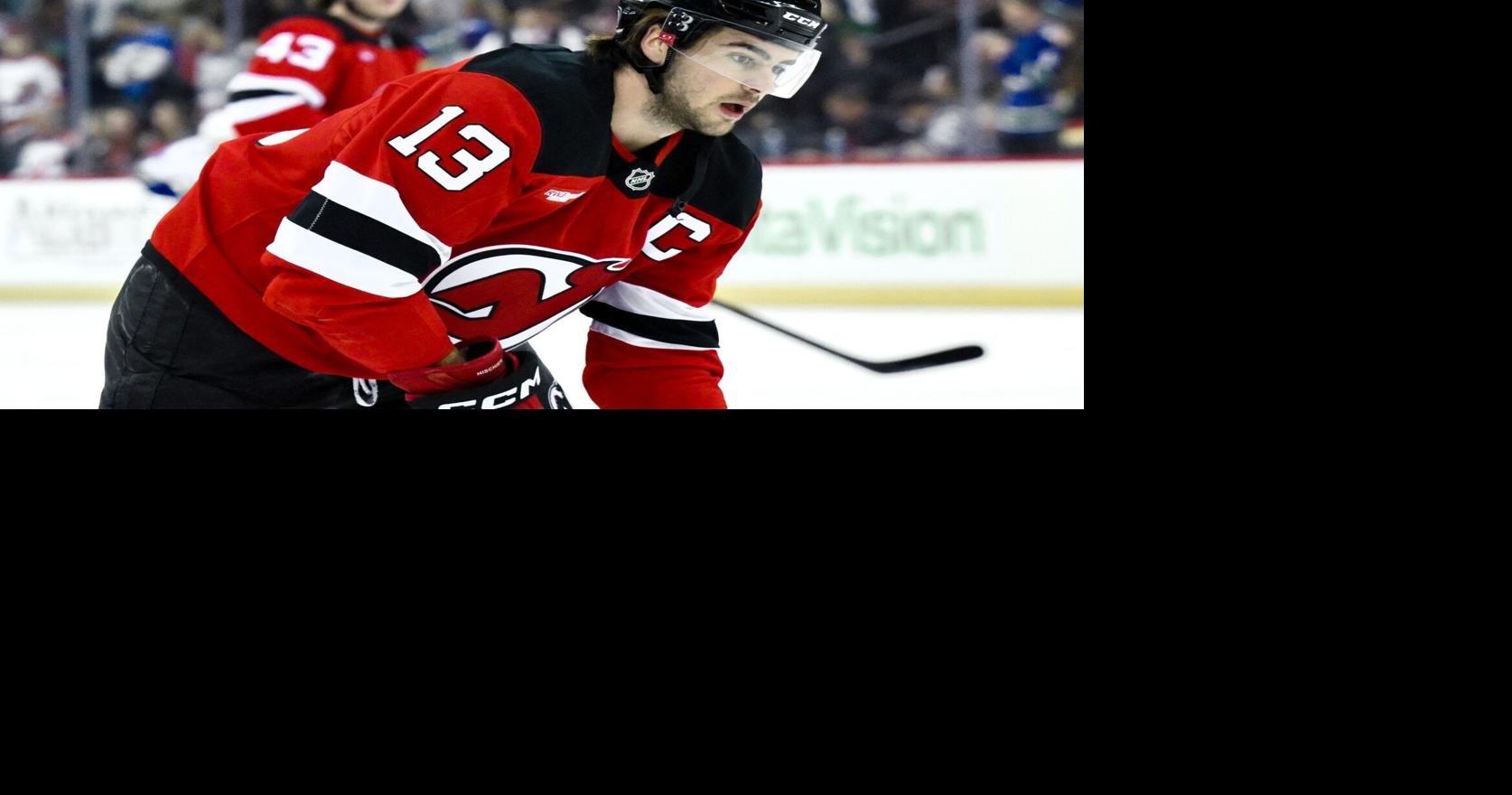 Mar 24, 2025; Newark, New Jersey, USA; New Jersey Devils center Nico ...