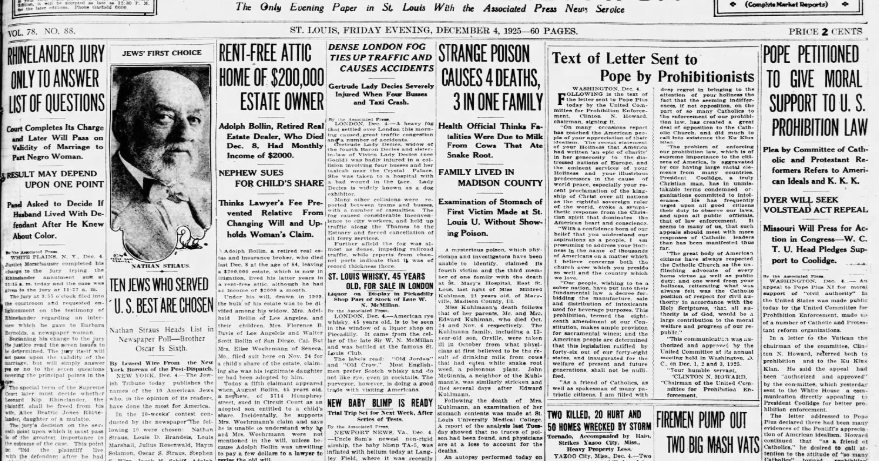 See the Dec. 4, 1925, front page: Strange poison causes four deaths ...