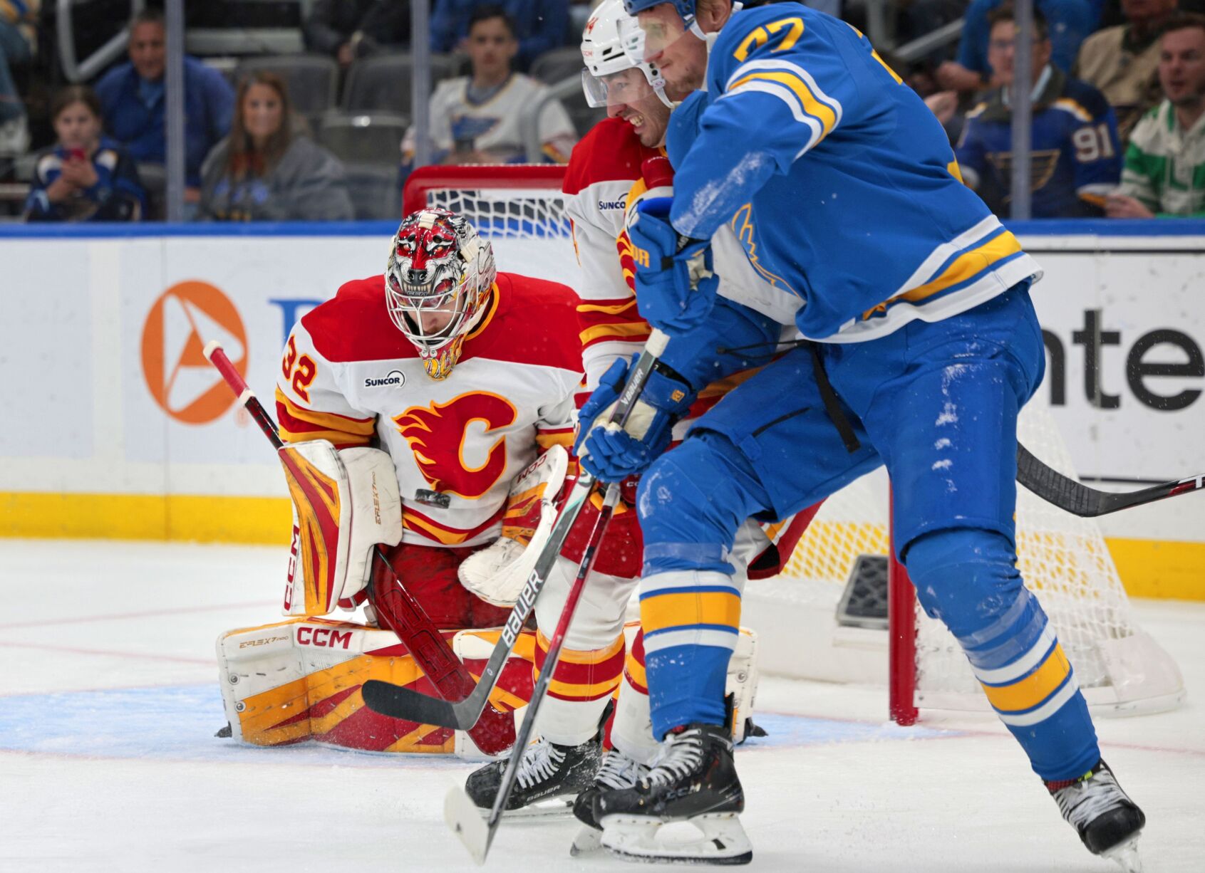 Blues ride depth scoring to 3-2 win over Flames