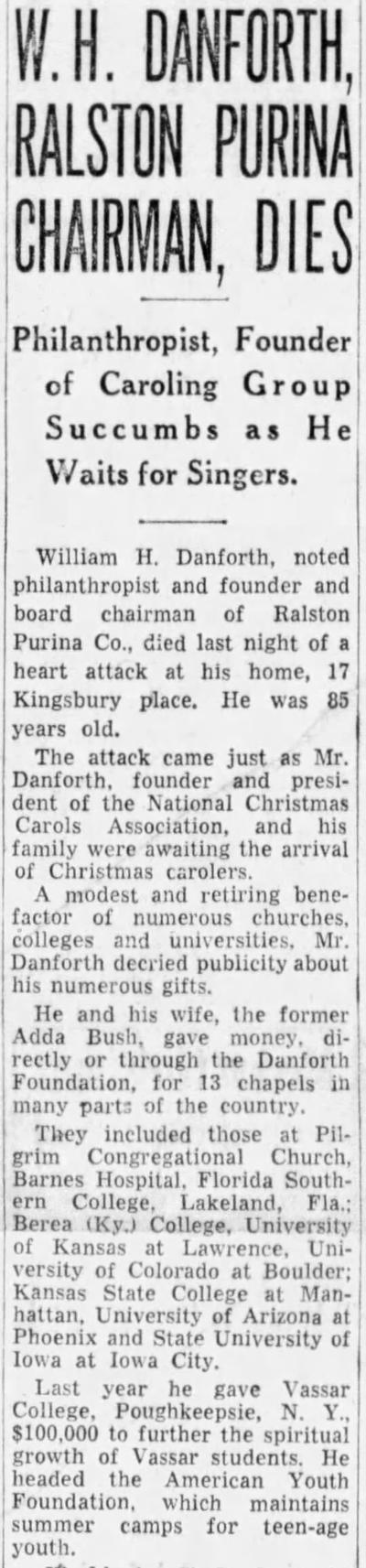 William H. Danforth, founder of Ralston-Purina, dies in 1955