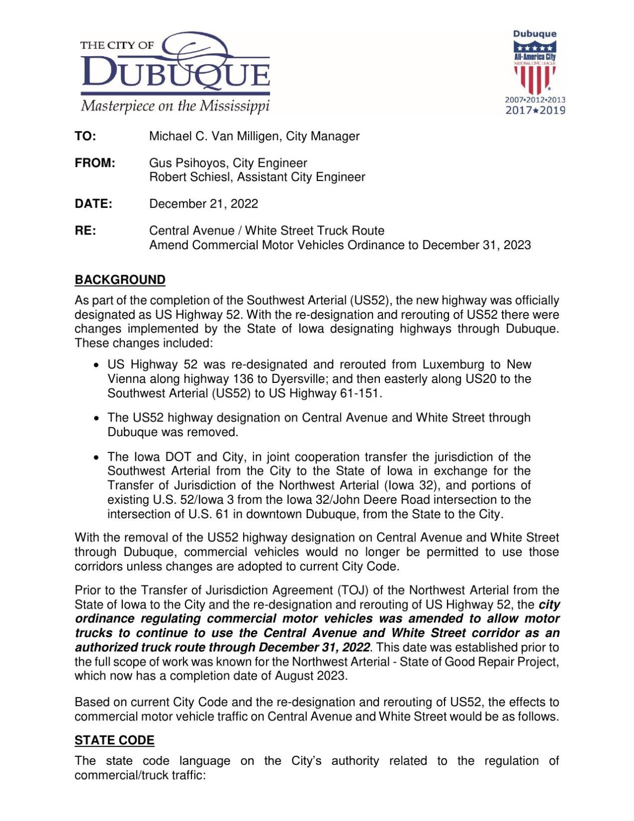 Central and White Truck Routes Memo | | telegraphherald.com