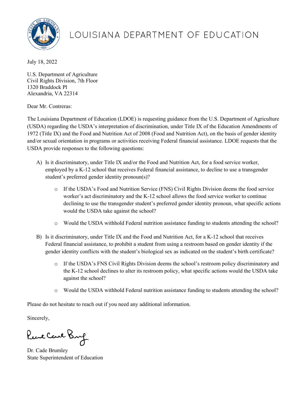 Cade Brumley letter to Ag department 071822 | | theadvocate.com