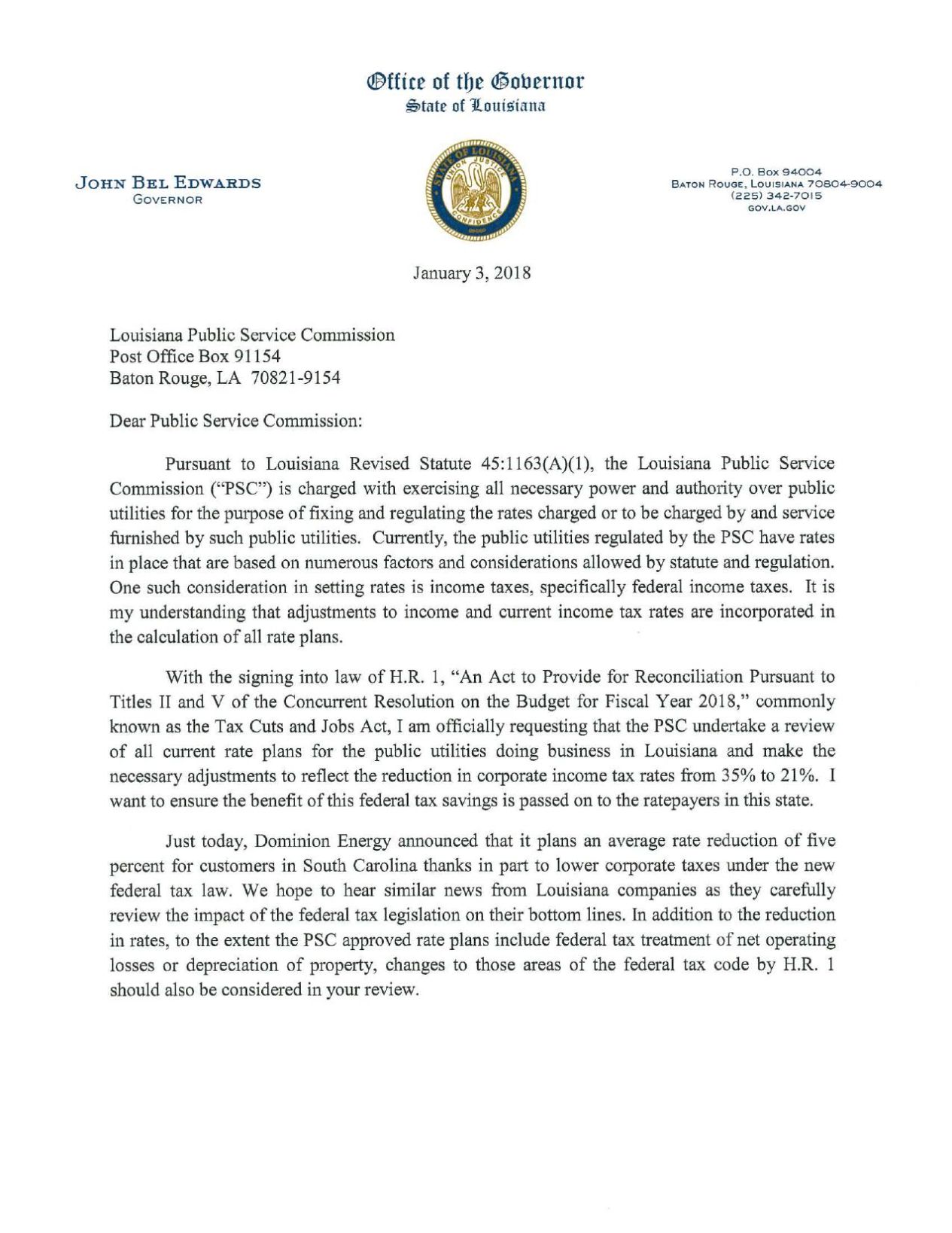 Gov. John Bel Edwards letter to PSC | | theadvocate.com