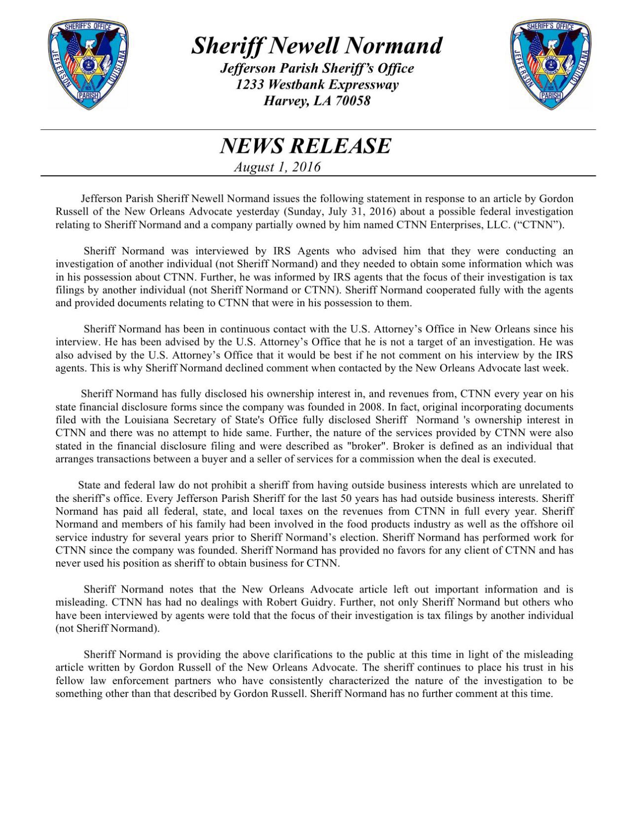 Jefferson Parish Sheriff Newell Normand says -- and U.S. attorney ... Jefferson Parish Sheriff Newell Normand says -- and U.S. attorney ...