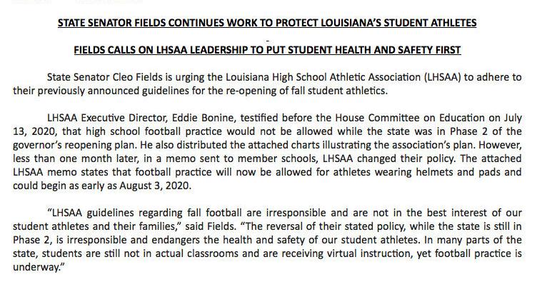 Sen. Cleo Fields' news release | | theadvocate.com
