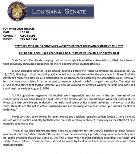 Sen. Cleo Fields' news release | | theadvocate.com