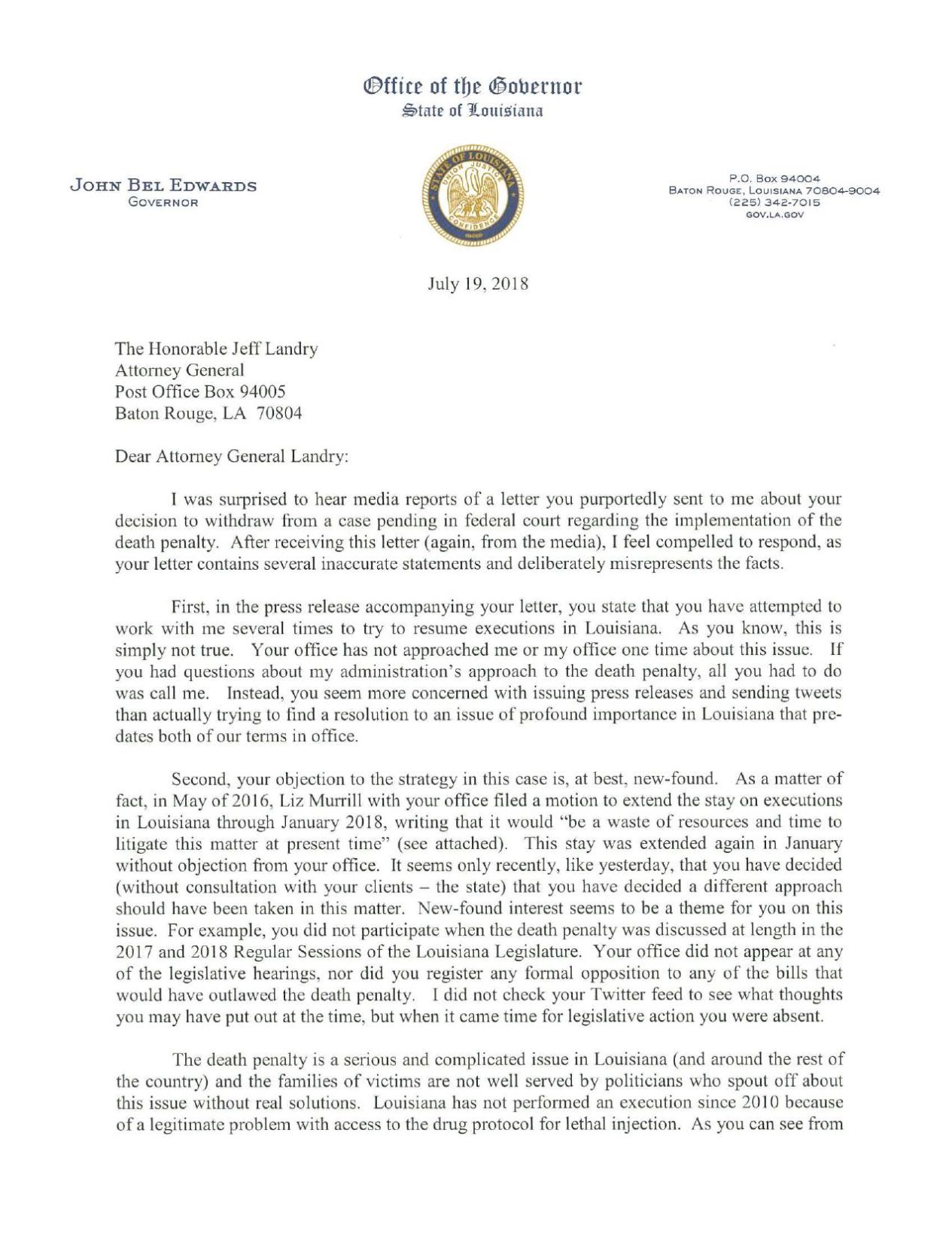 PDF: Edwards letter to Landry on death penalty | | theadvocate.com