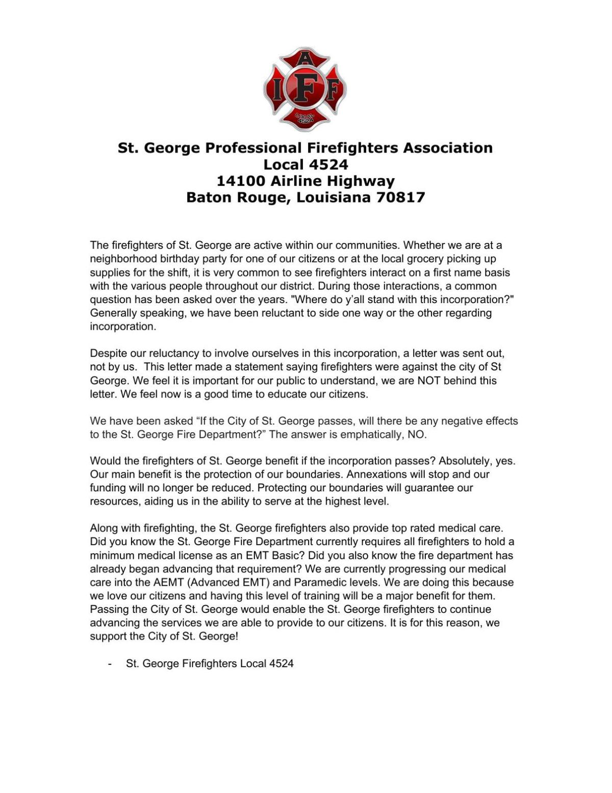 St George Professional Firefighters Association letter | | theadvocate.com