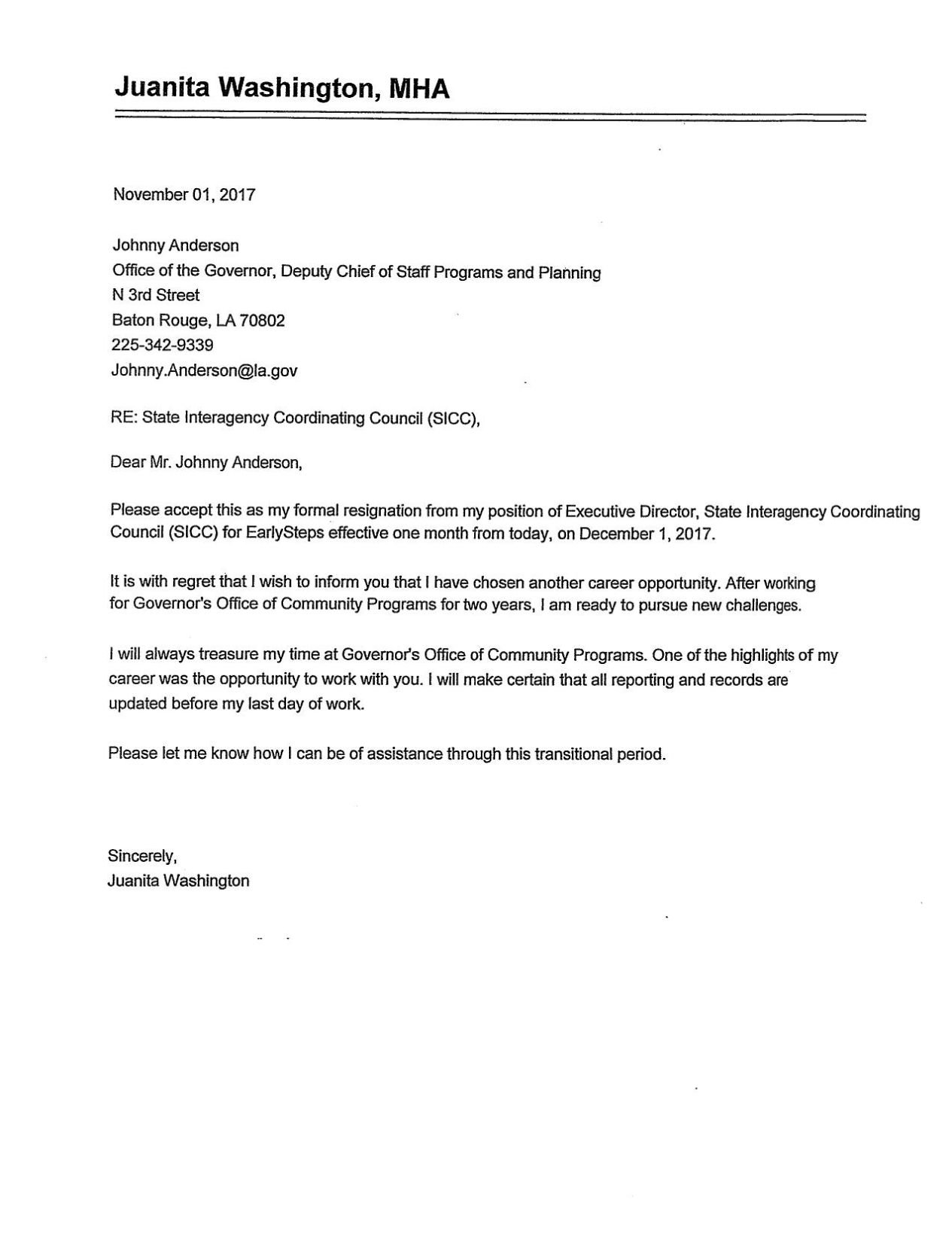 Juanita Washington Resignation Letter | | theadvocate.com