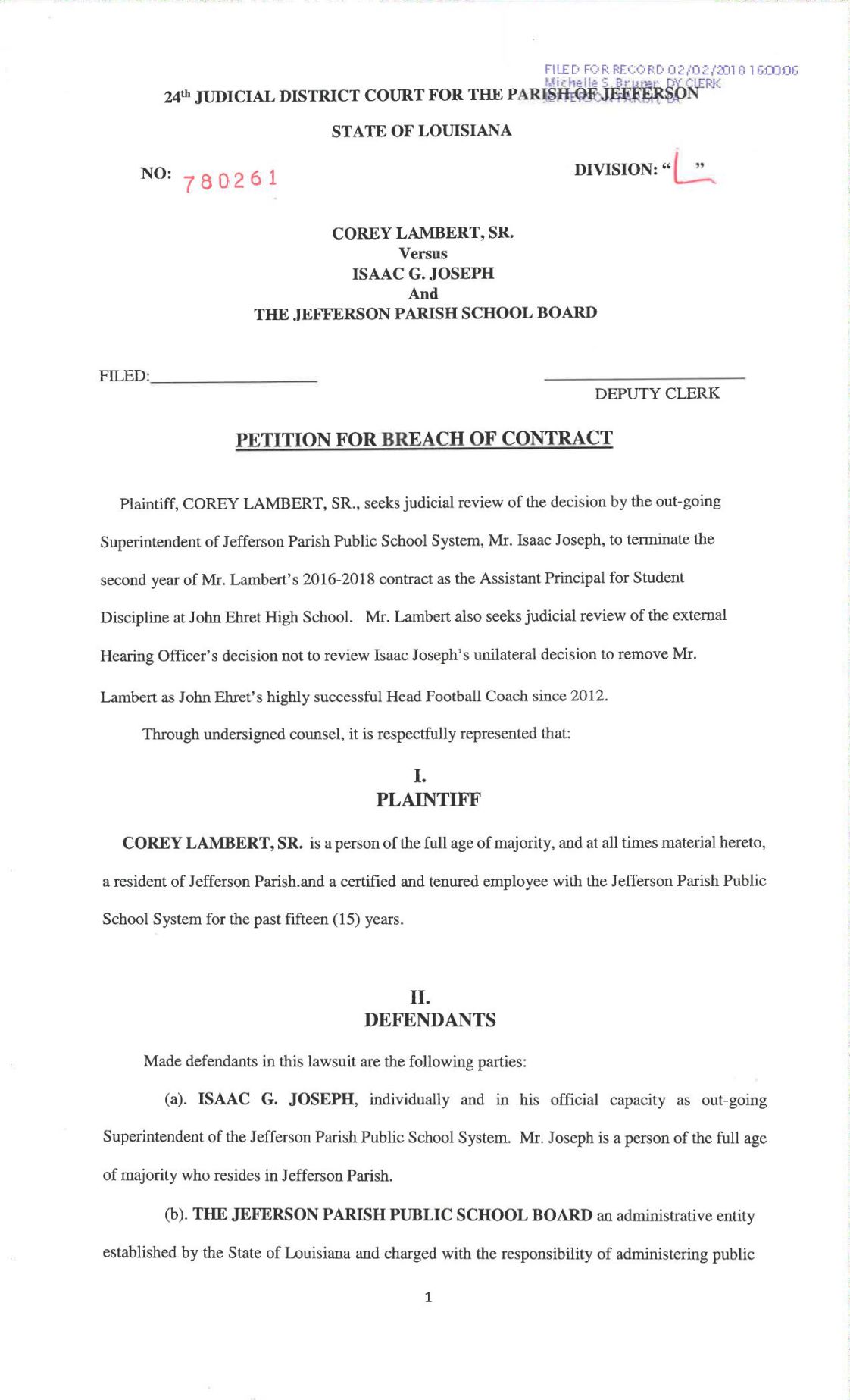 Former John Ehret football coach Corey Lambert takes battle for job to ...