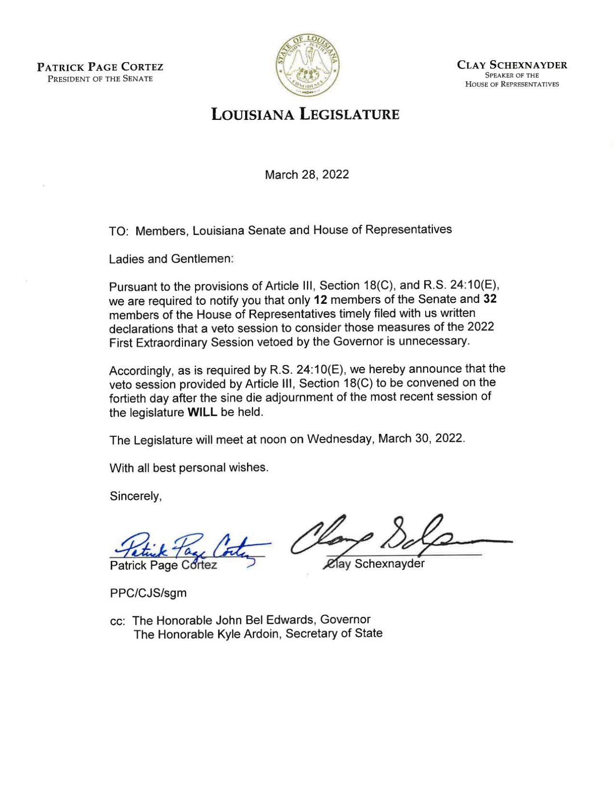 Veto override letter | | theadvocate.com