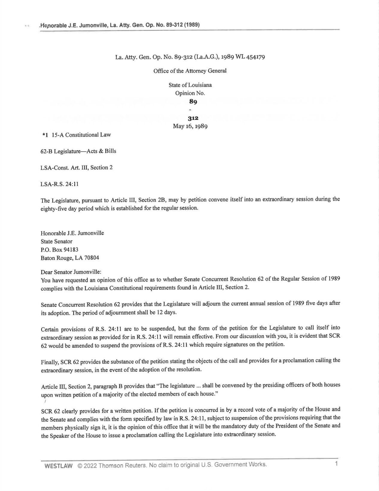 Attorney General William Guste's May 1989 opinion on adjourning during ...