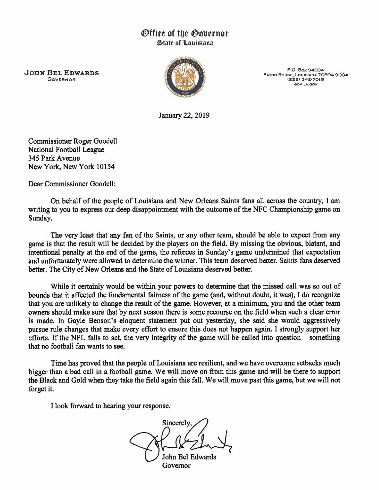 Gov. John Bel Edwards pens letter to NFL's Roger Goodell: New Orleans ...