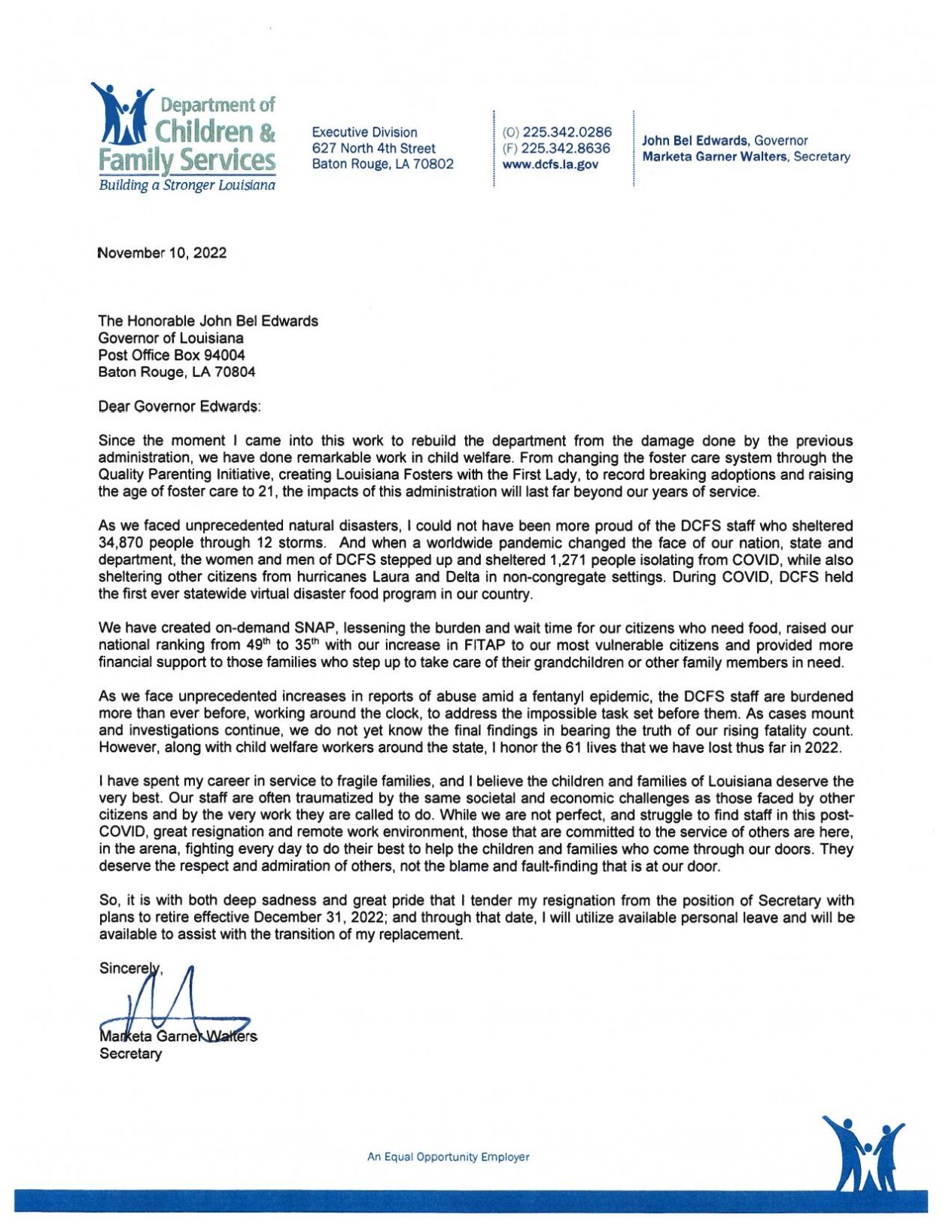 Marketa Garner Walters resignation letter | | theadvocate.com