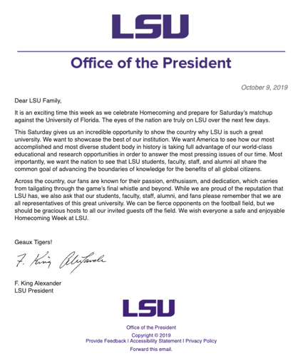 Ahead of Florida game, LSU President F. King Alexander asks fans to be ...