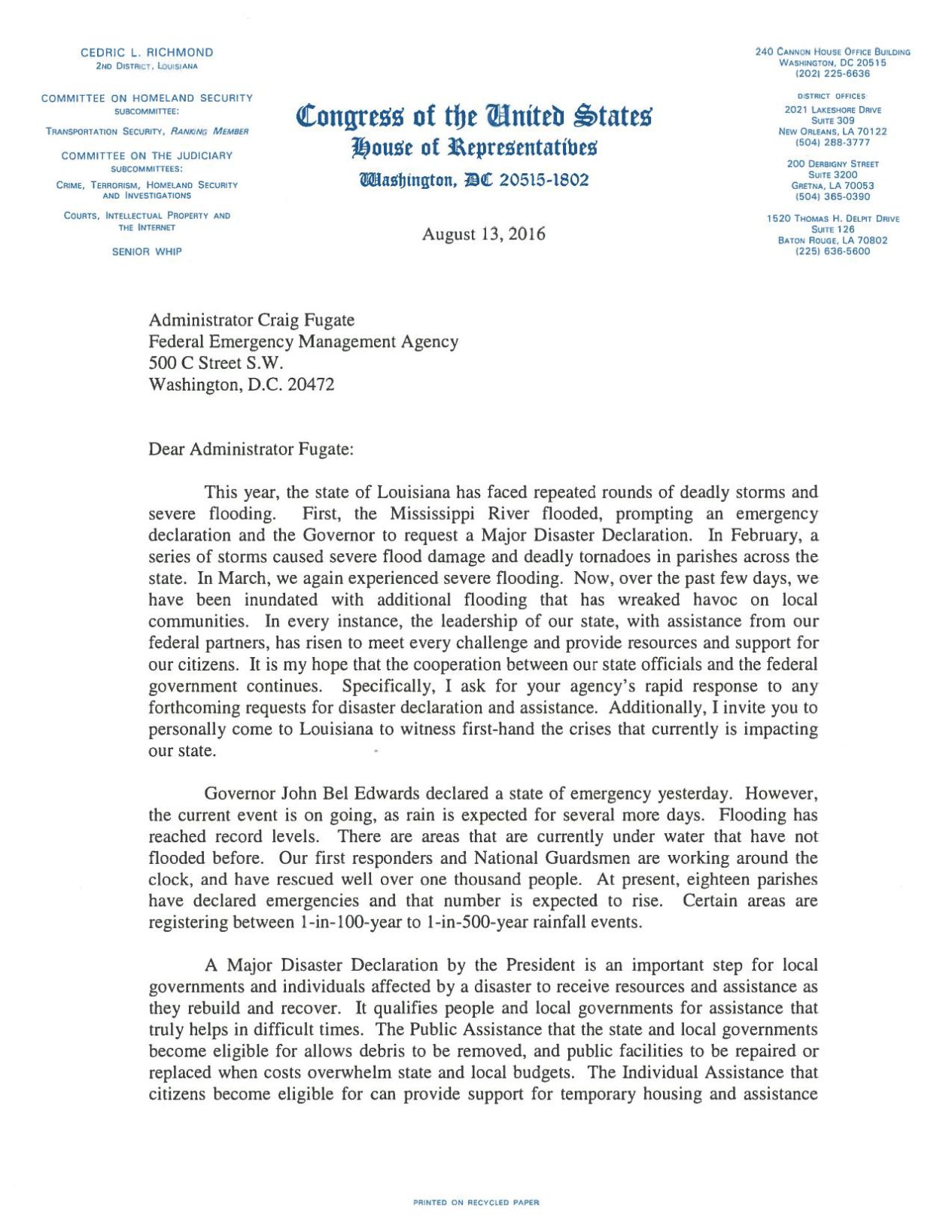 U.S. Rep. Cedric Richmond pens letter to FEMA following historic ...