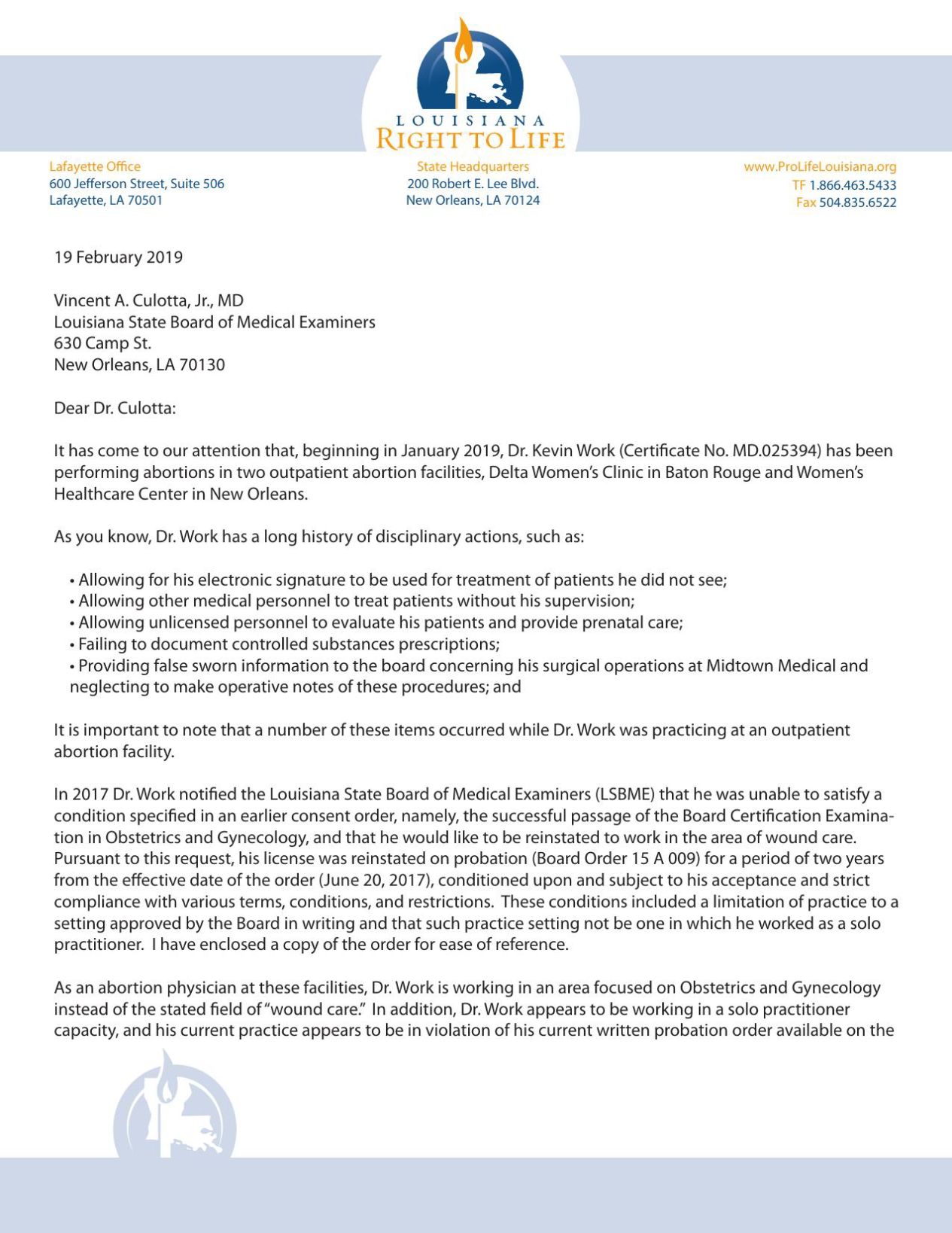 PDF: Read the Louisiana Right to Life letter questioning Dr. Kevin Work ...