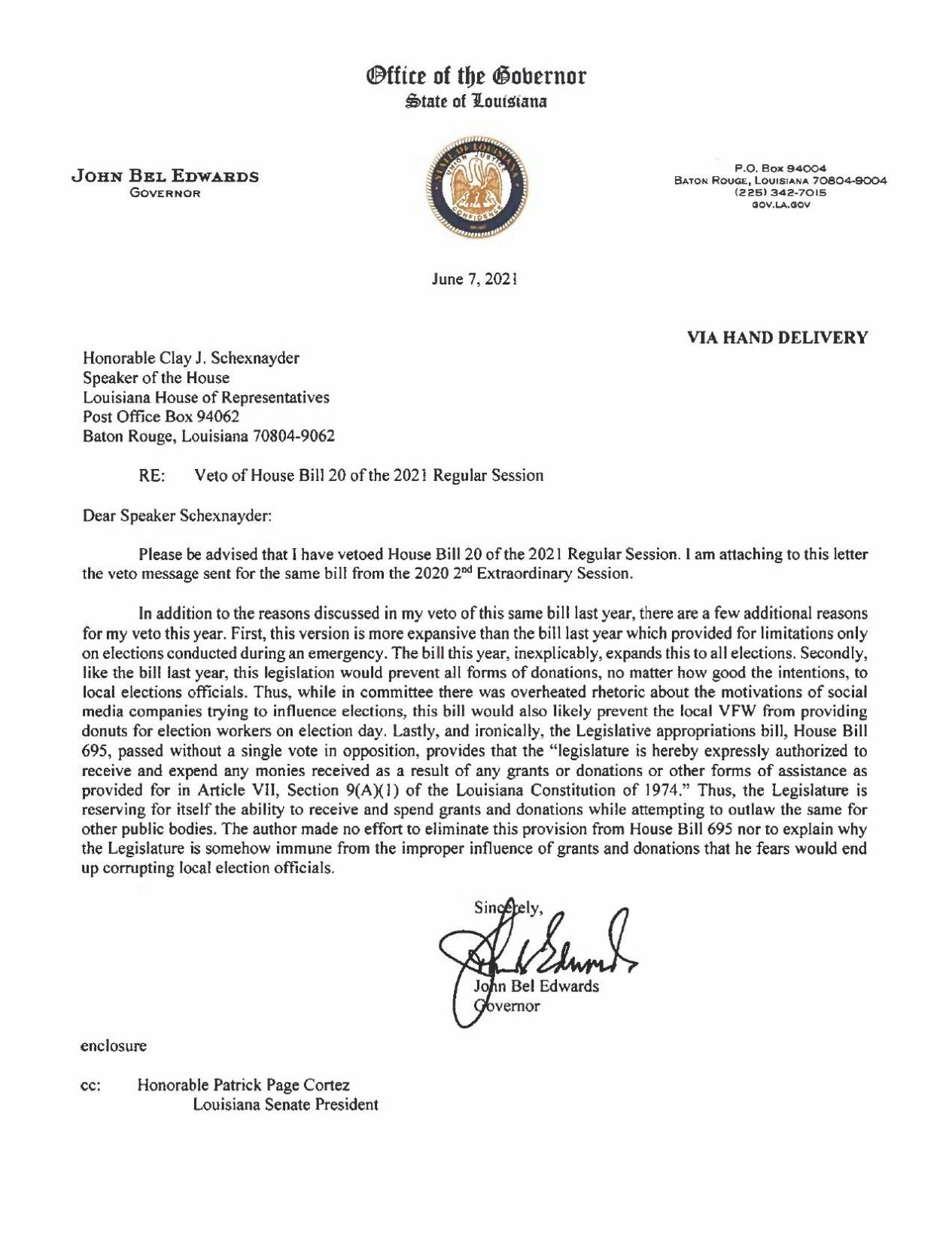 Gov John Bel Edwards veto letter 06/08/2021 | | theadvocate.com