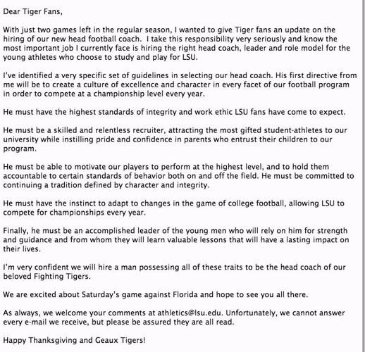 Letter from Joe Alleva: Dear Tiger fans, next LSU coach will meet ...