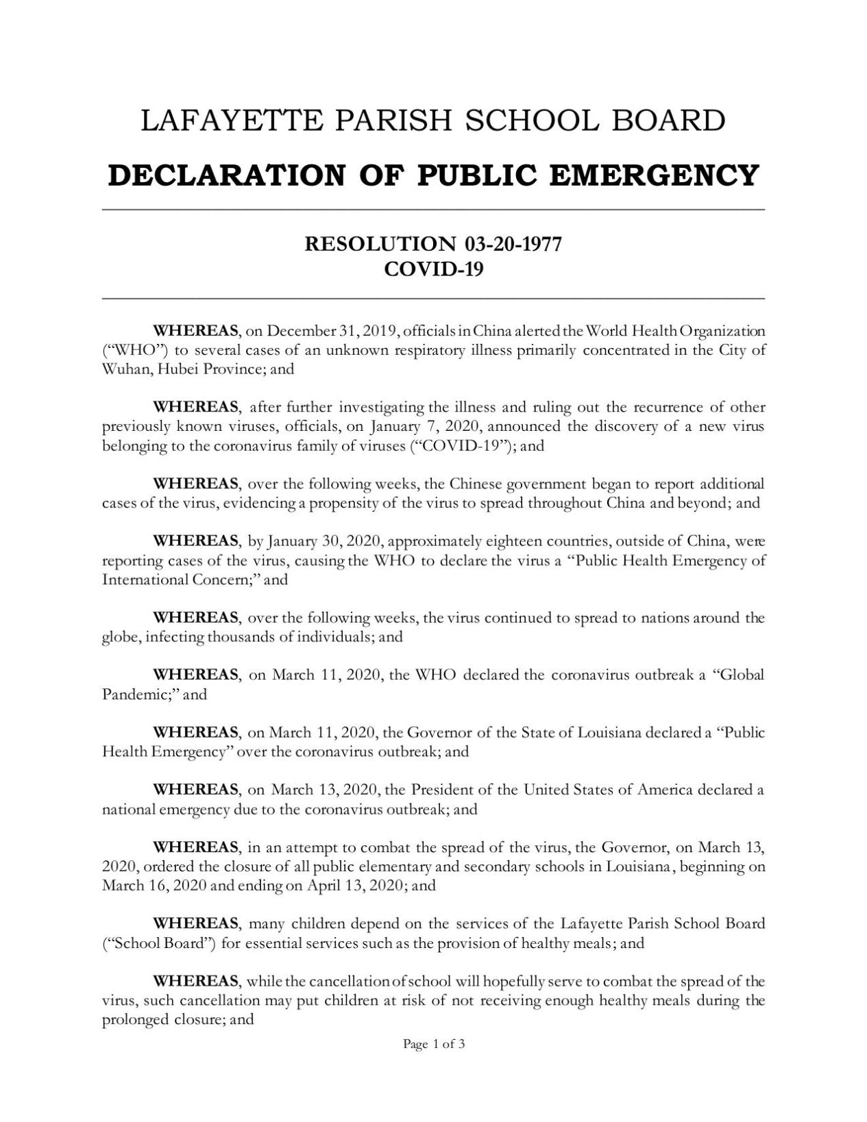 Lafayette Parish School Board COVID-19 Emergency Declaration ...