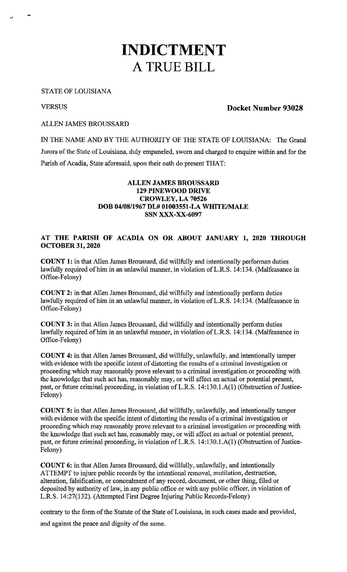 Indictment of Allen James "Jimmy" Broussard | | theadvocate.com