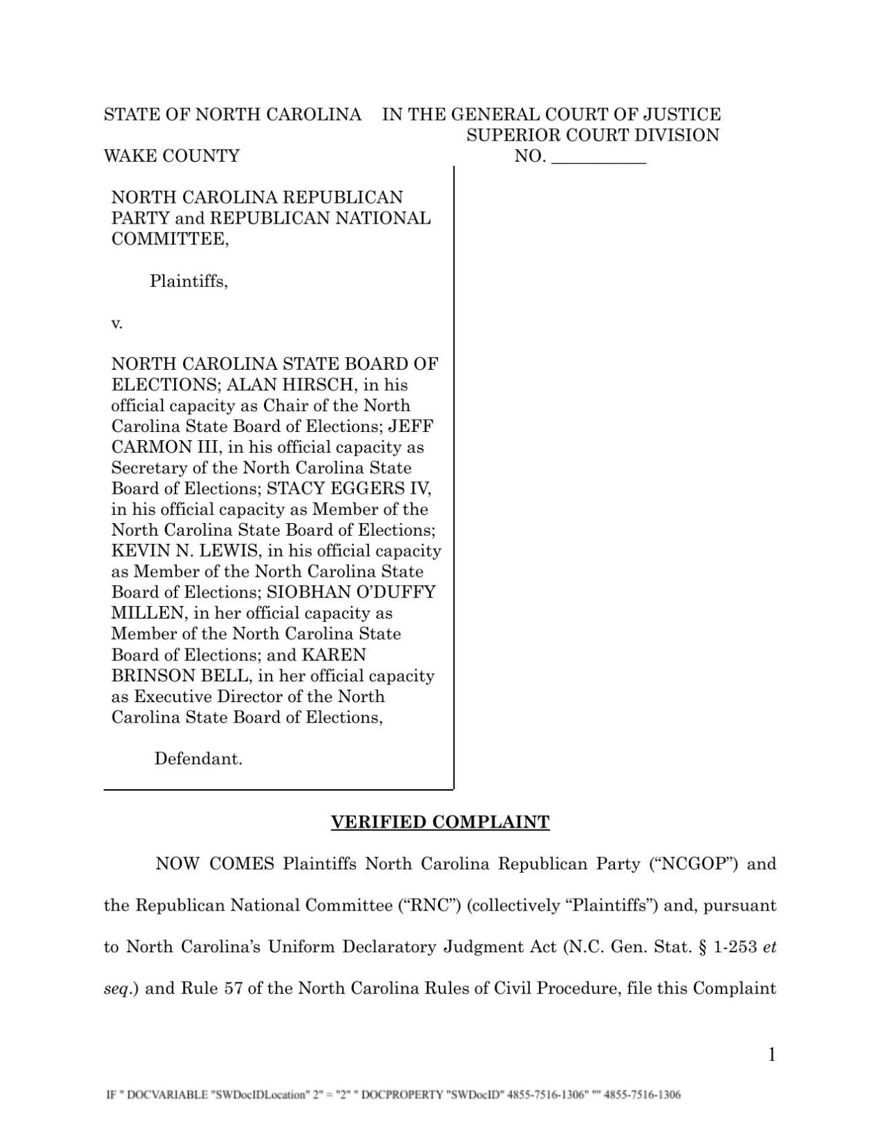 TCS - NC - North Carolina GOP National GOP v NCSBE | | thecentersquare.com
