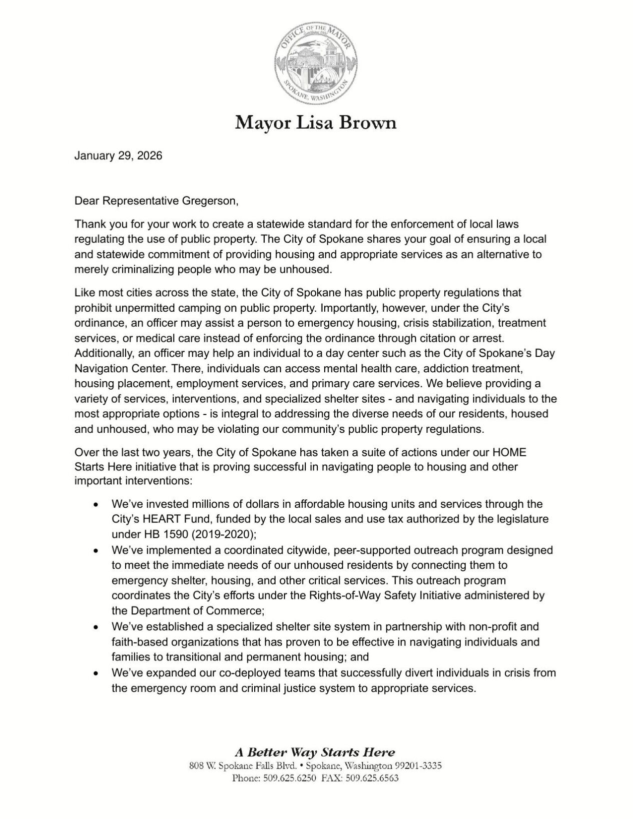 Spokane Mayor Lisa Brown's letter to Rep. Gregerson on HB 2489 ...