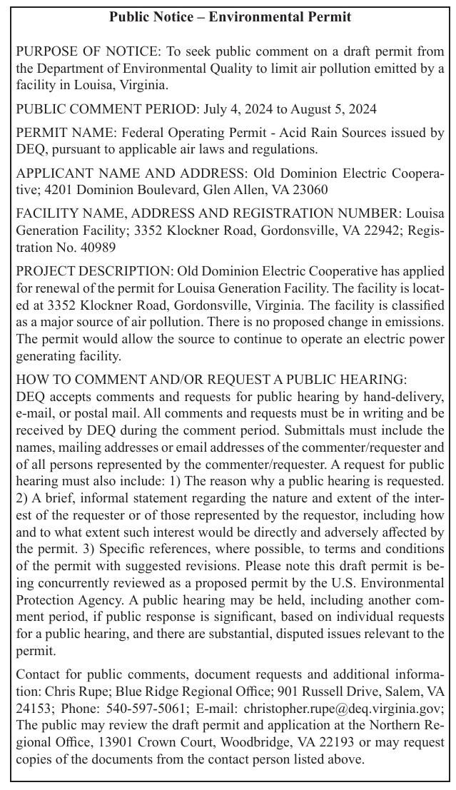 Environmental Permit Regarding Air Pollution by a Facility in Louisa ...