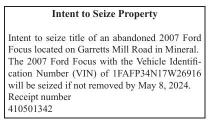 Intent to Seize Property | Public Notices | thecentralvirginian.com
