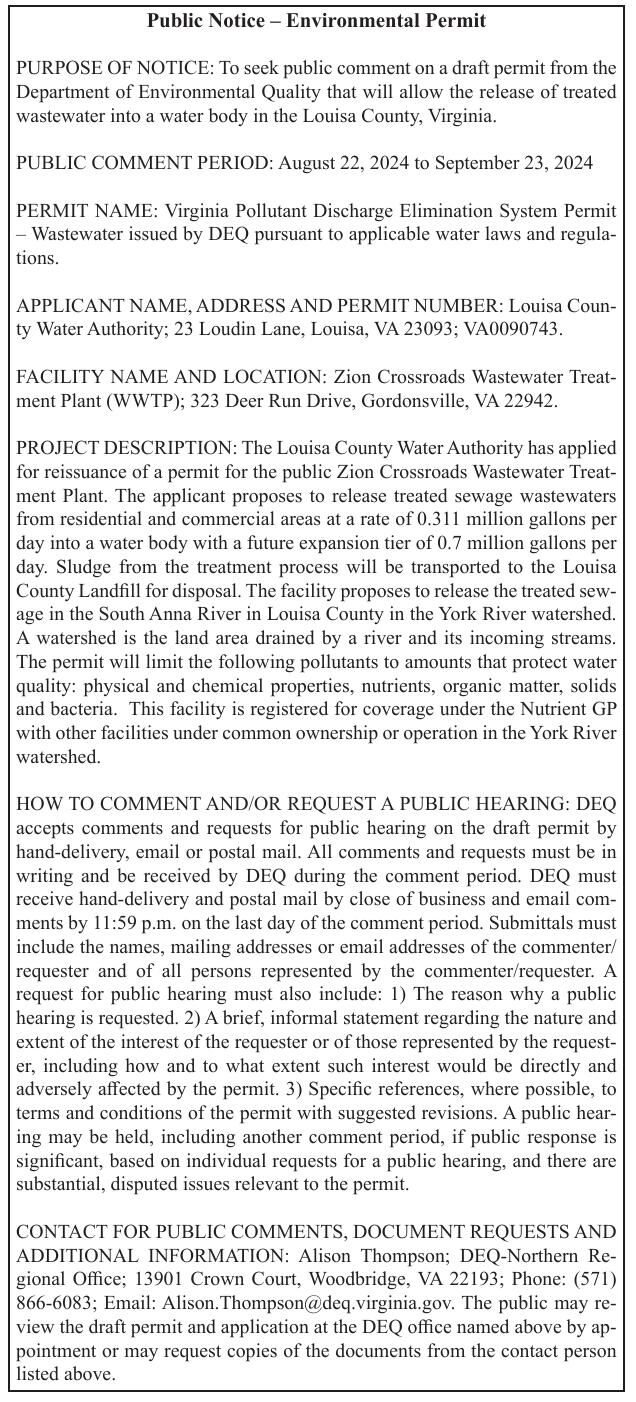 Public Notice – Environmental Permit- Louisa Water Authority | Public ...