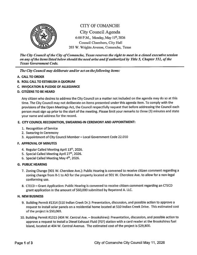 Special called Comanche City Council meeting on June 17 to outlaw ...