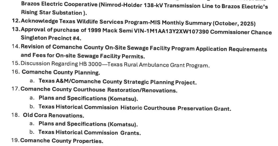 Comanche County Commissioners Court January 12, 2026 Agenda | News ...