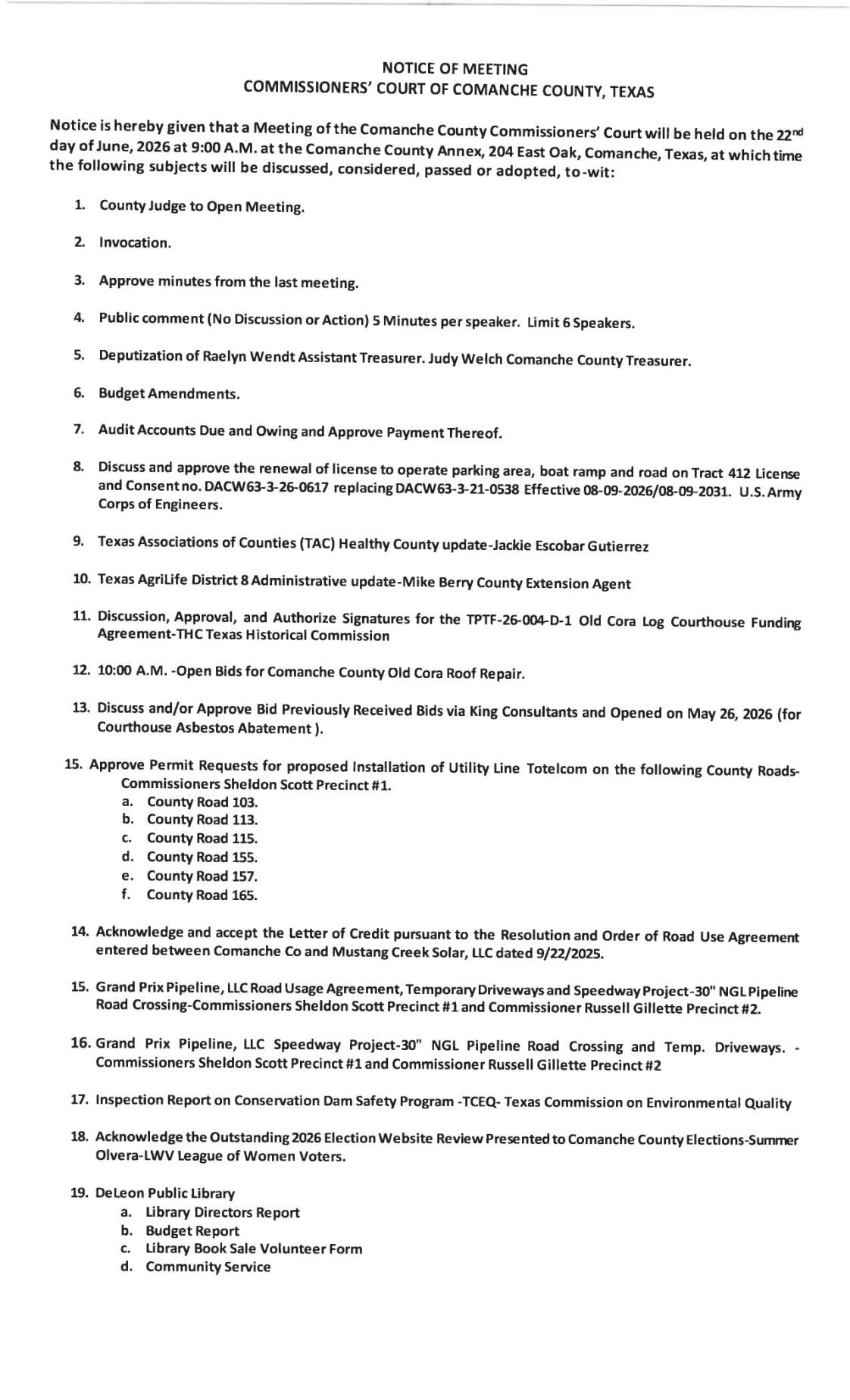 Comanche County Commissioners Court agenda for June 22 meeting | News ...