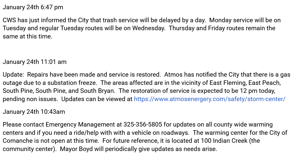 City of Comanche updates January 24-26, 2026 | News | thecomanchechief.com