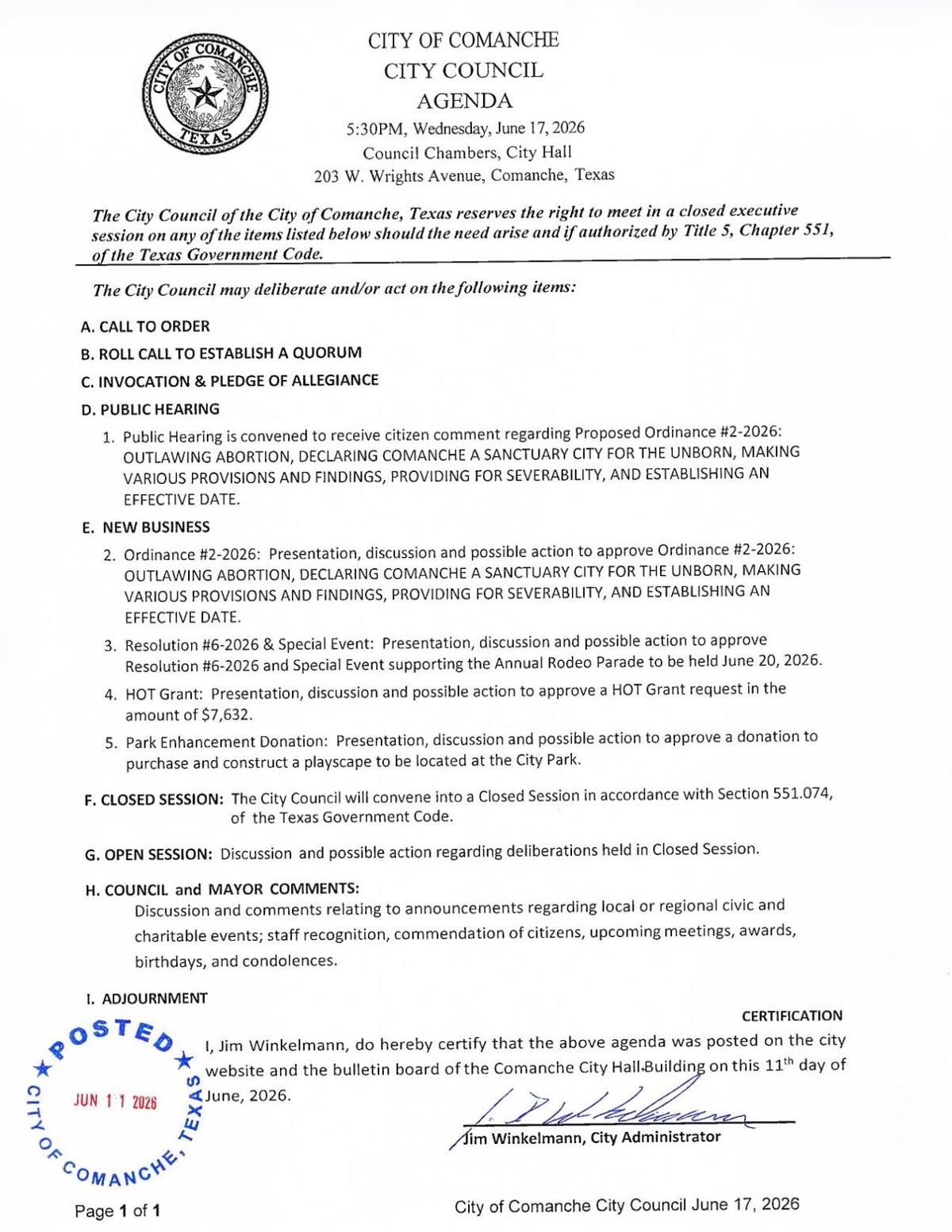 Special called Comanche City Council meeting on June 17, outlawing ...