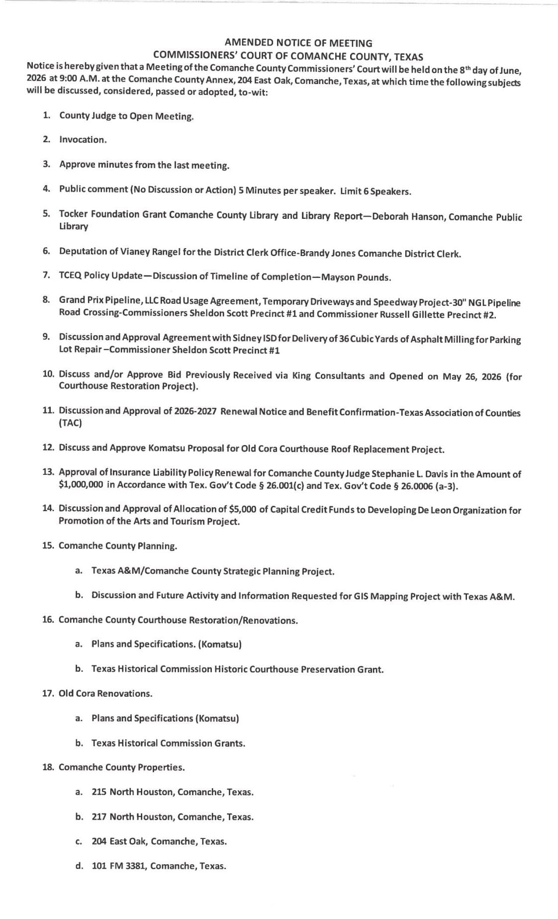 Comanche County Commissioners' Court agenda for June 8 | News ...