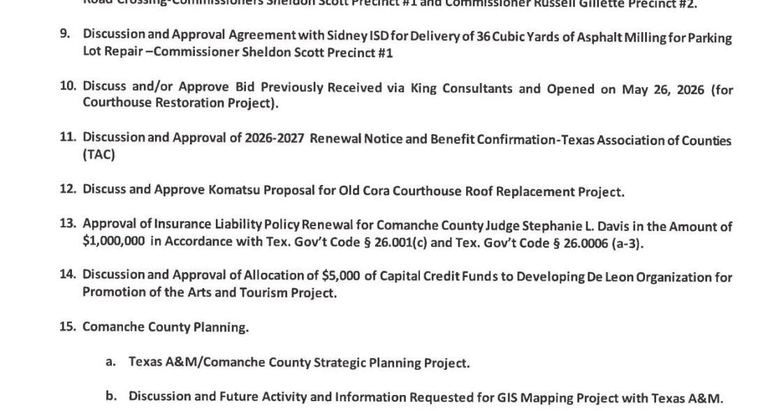 Comanche County Commissioners' Court agenda for June 8 | News ...