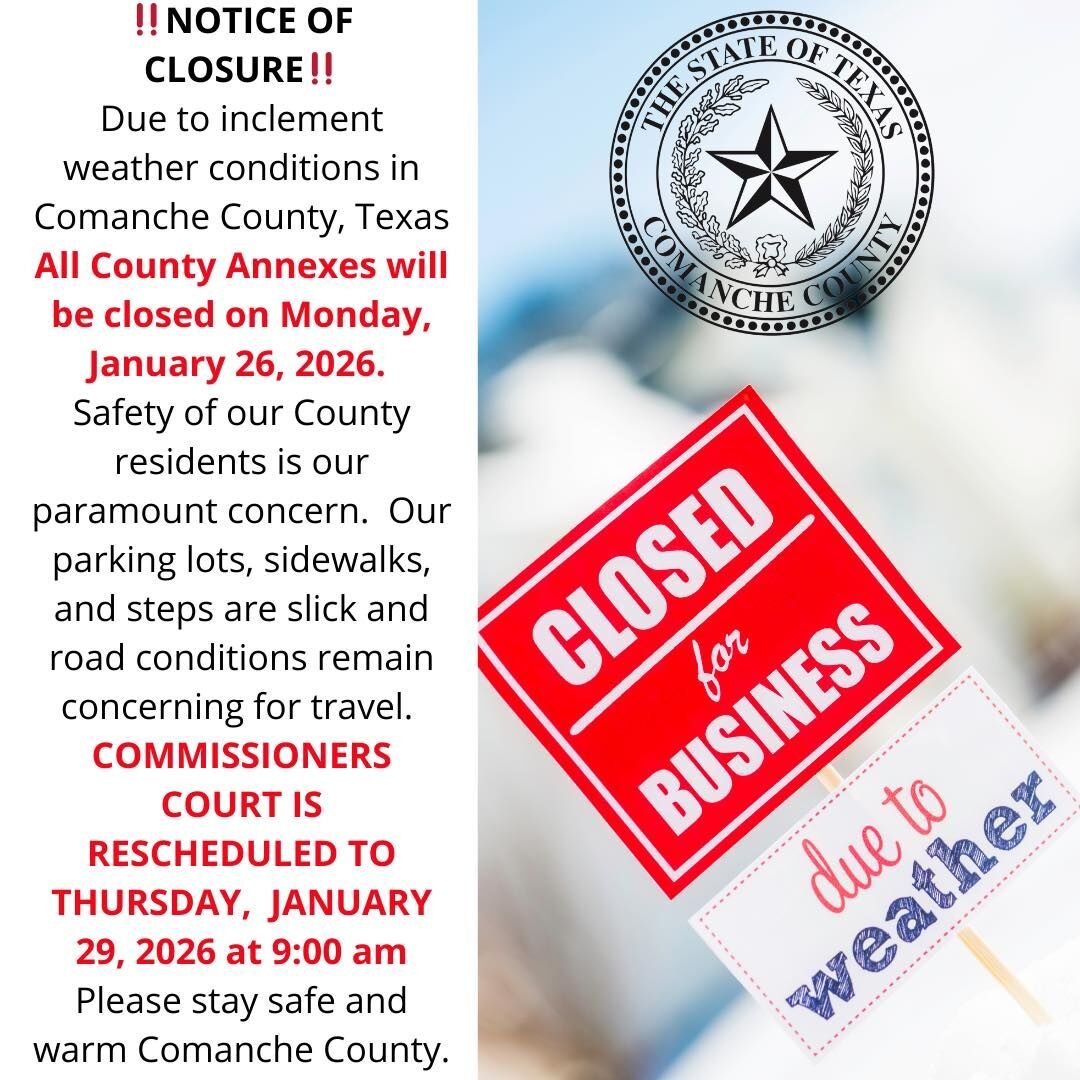 Comanche County, Texas buildings closed on January 26, 2026 | News ...
