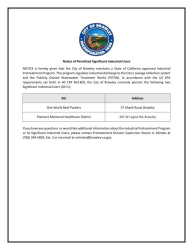 City of Brawley Public Notice of Industrial Pretreatment Program ...