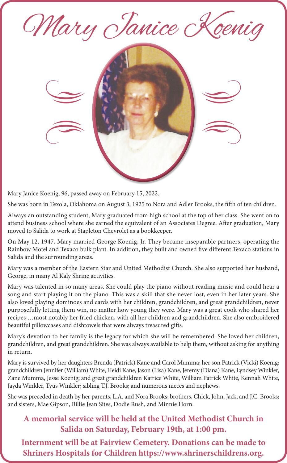 Mary Janice Koenig | Obituaries | themountainmail.com