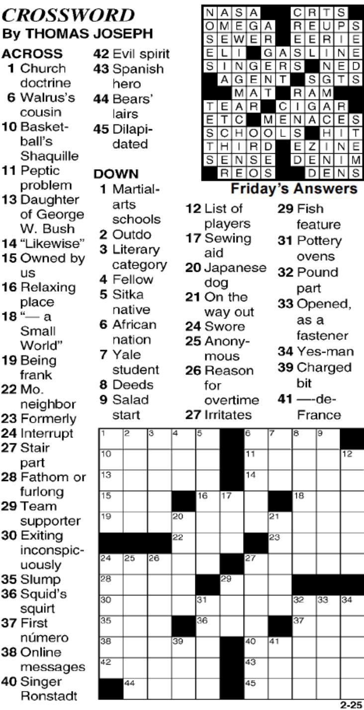 Crossword for February 25th | Crosswords | themountainmail.com