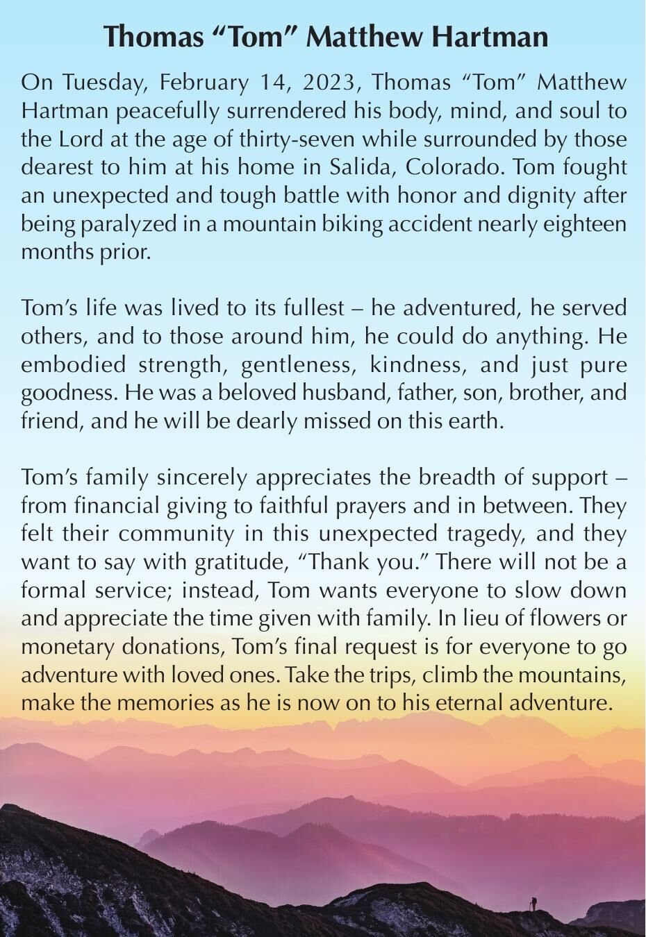 Thomas “Tom” Matthew Hartman | Obituaries | themountainmail.com