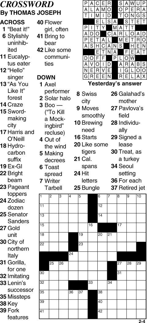 Crossword for February 4th | Crosswords | themountainmail.com